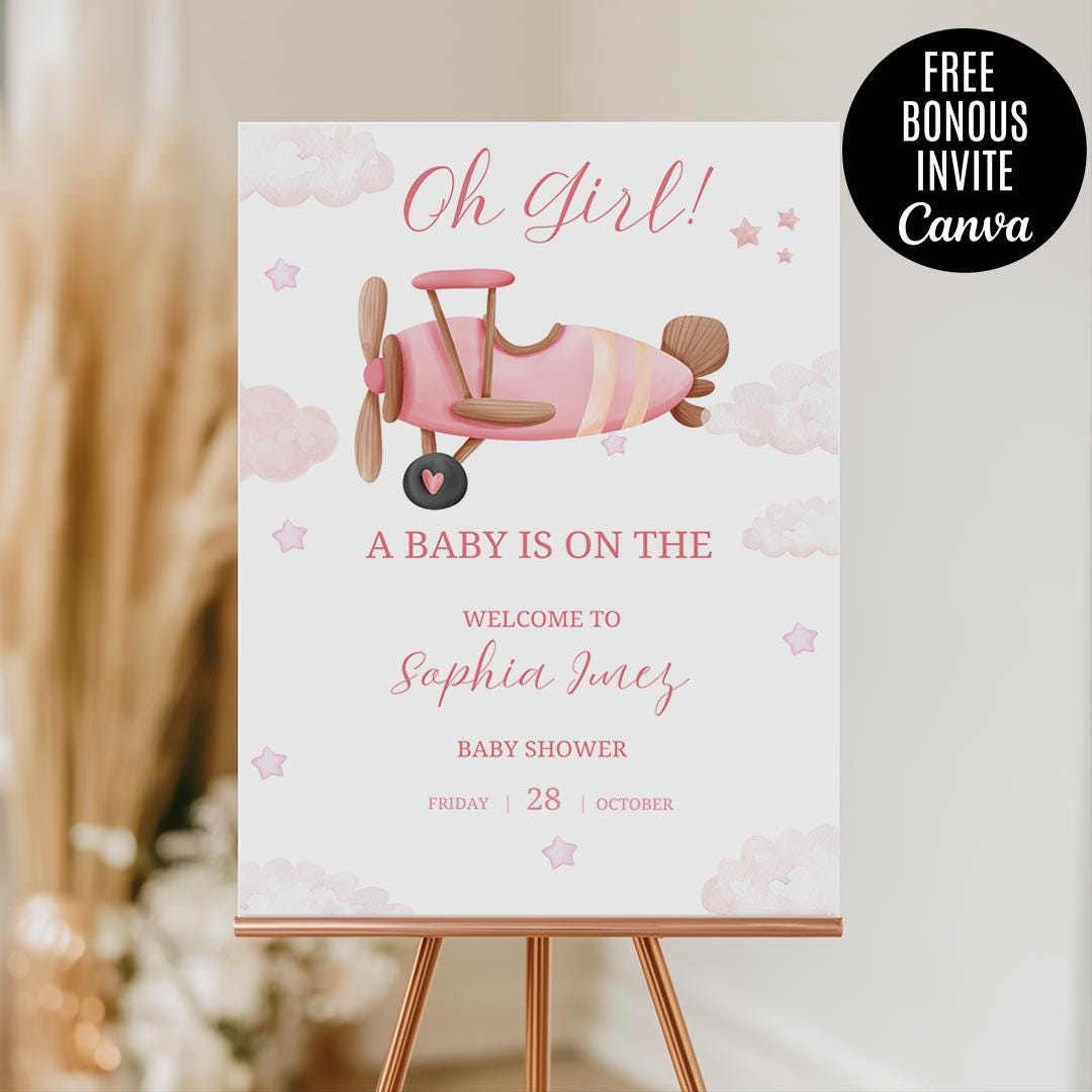 Pink Airplane Baby Shower Welcome Sign, Vintage Travel Baby Shower ...