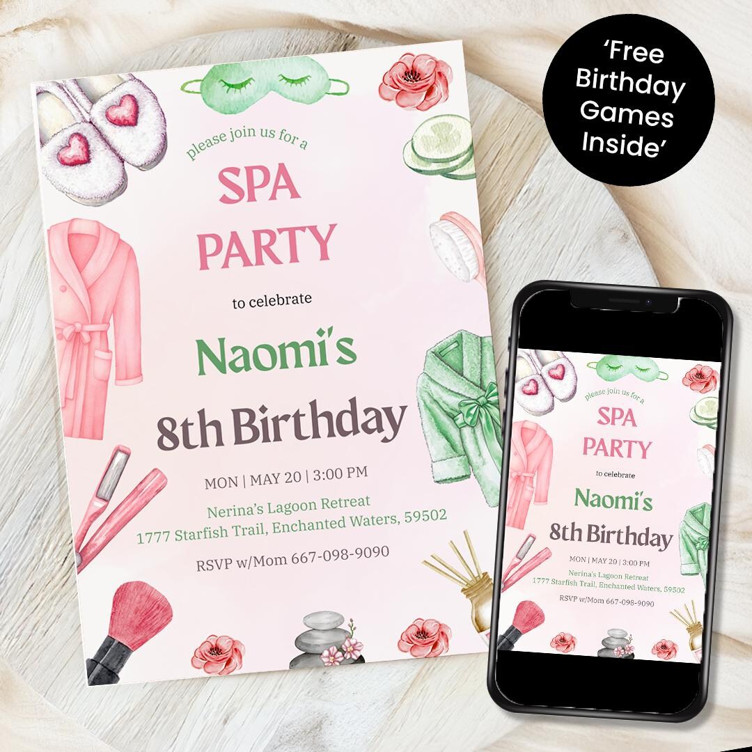 Girls Spa Birthday, Spa Party Birthday Invitation, Pamper Party Invite ...
