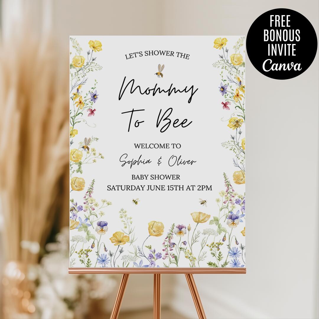 Mommy to Bee Baby Shower Welcome Sign Template, Wildflower Bee Baby ...