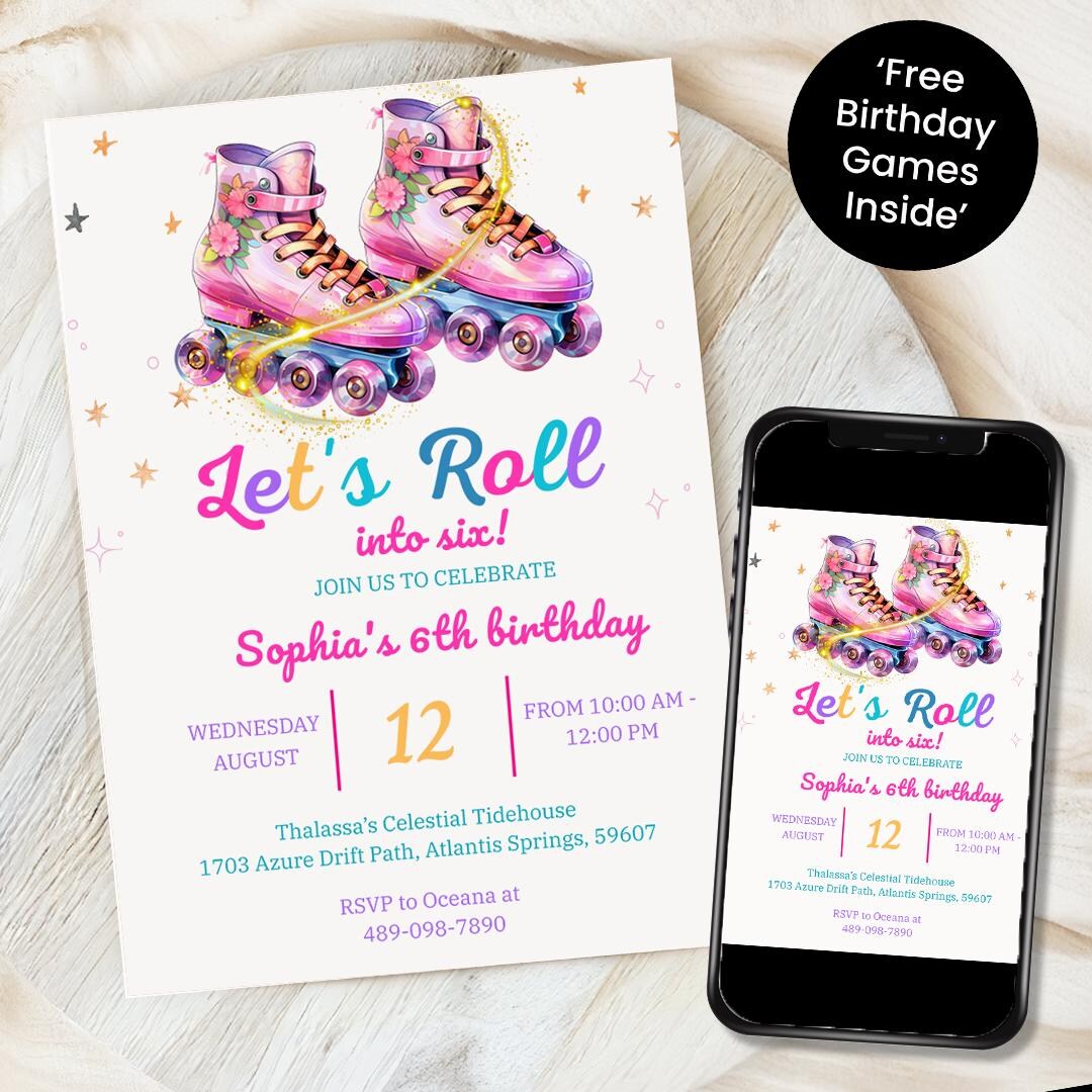 Let's Roll Roller Skate Birthday Party Invitation Template, ANY AGE ...
