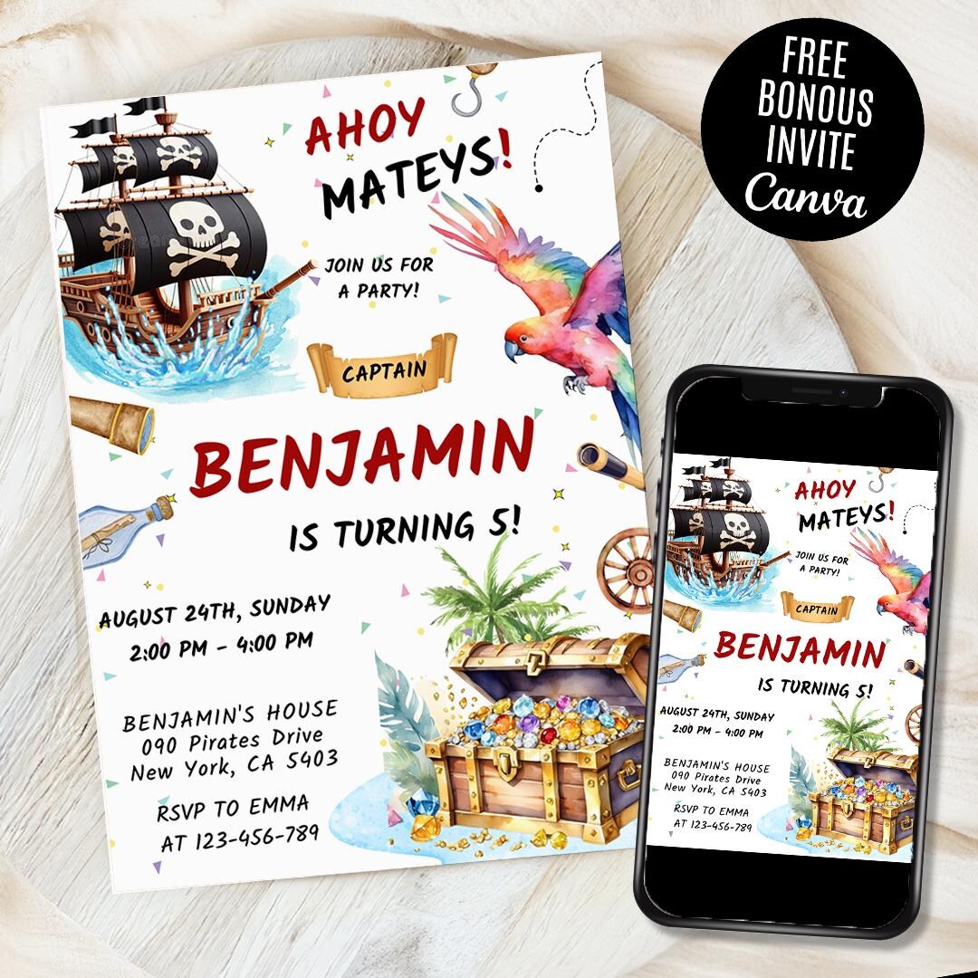 Pirate Birthday Invitation, Ahoy Mateys, Pirate Invitation, Pirate ...