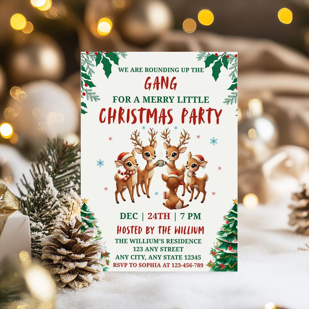 Reindeer Christmas Party Invitation, We're Rounding up the Gang Invite ...