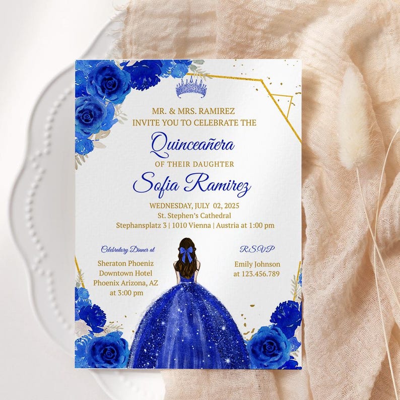 Quinceañera Invitation Royal Blue Silver, Editable Template, Princess ...
