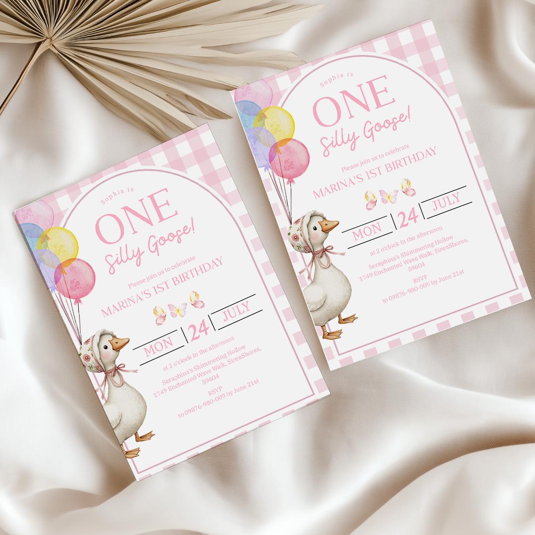 One Silly Goose Birthday Invitation, 1st Birthday Girl Pink Invite ...