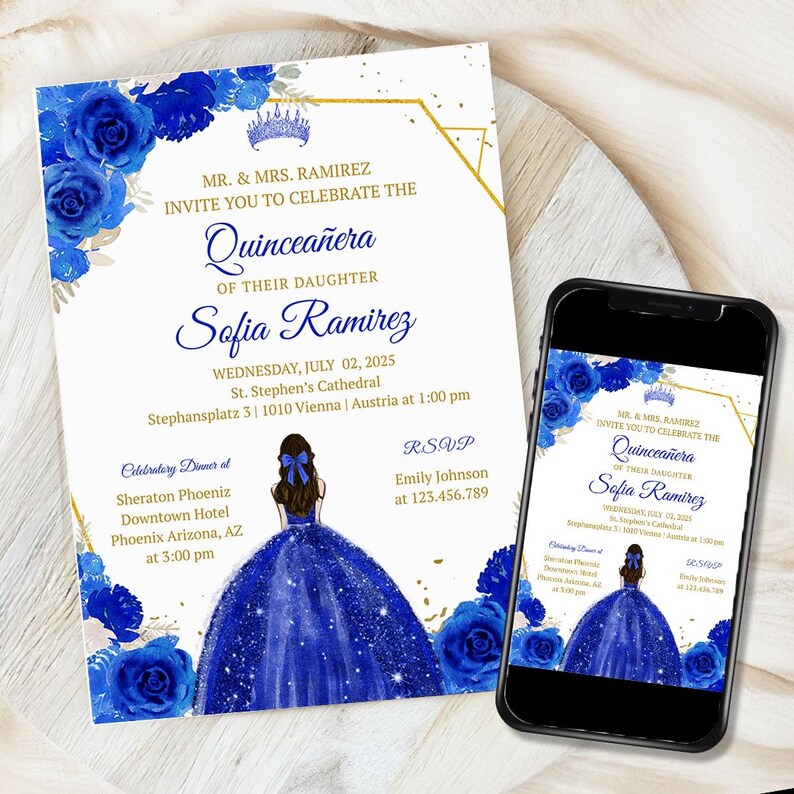 Quinceañera Invitation Royal Blue Silver, Editable Template, Princess ...