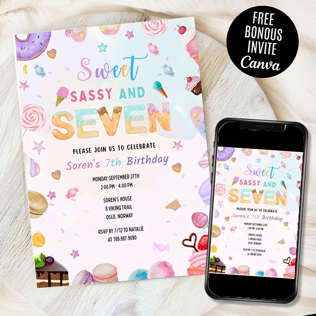 Sweet Sassy and Seven Birthday Invitation, 7th Birthday Girl Invite ...