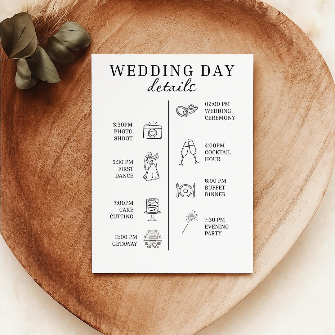 Wedding Day Timeline Details | Timeline Card | Wedding Order of Events ...