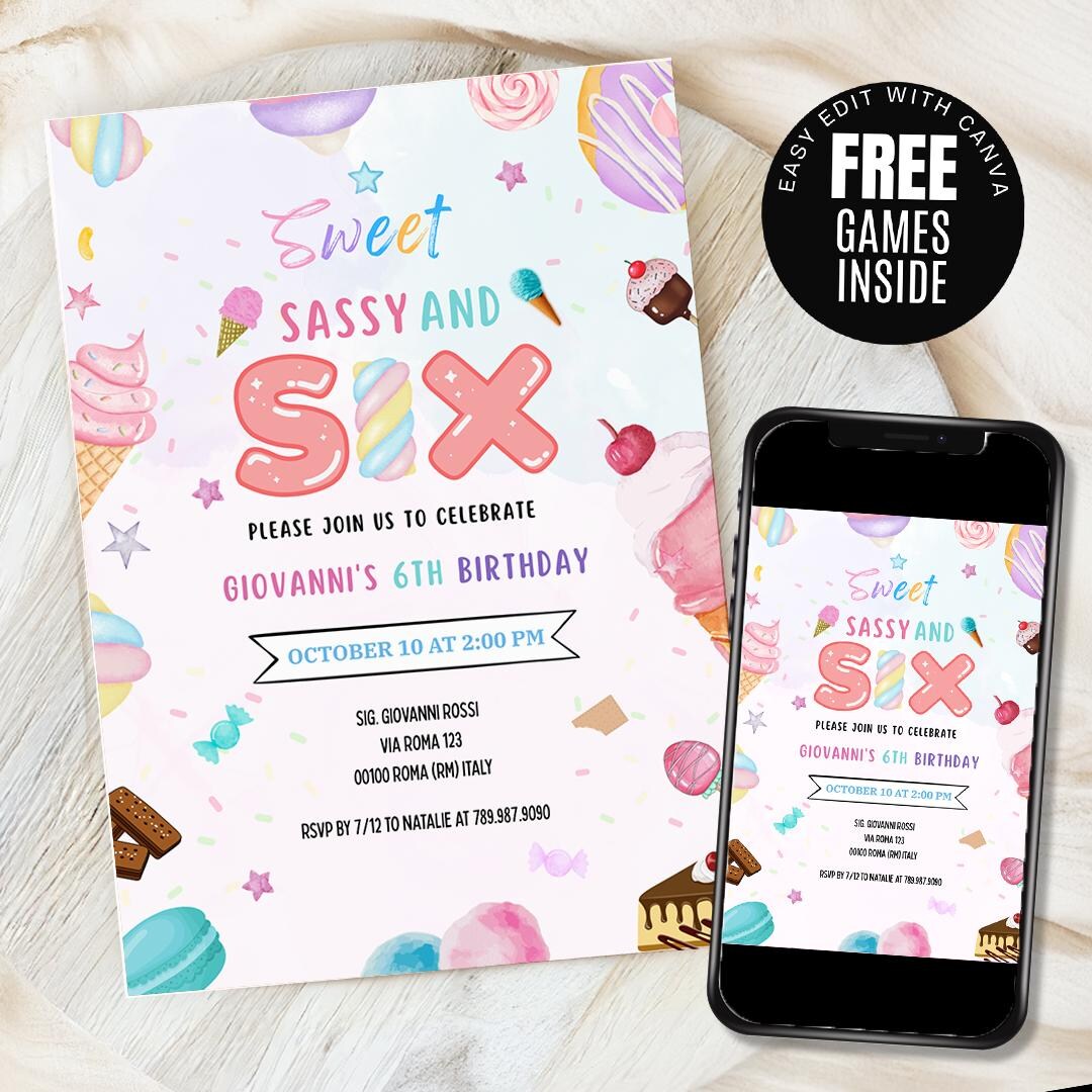 Sweet Sassy and Six Birthday Invitation, Girl 6th Birthday Invitation ...