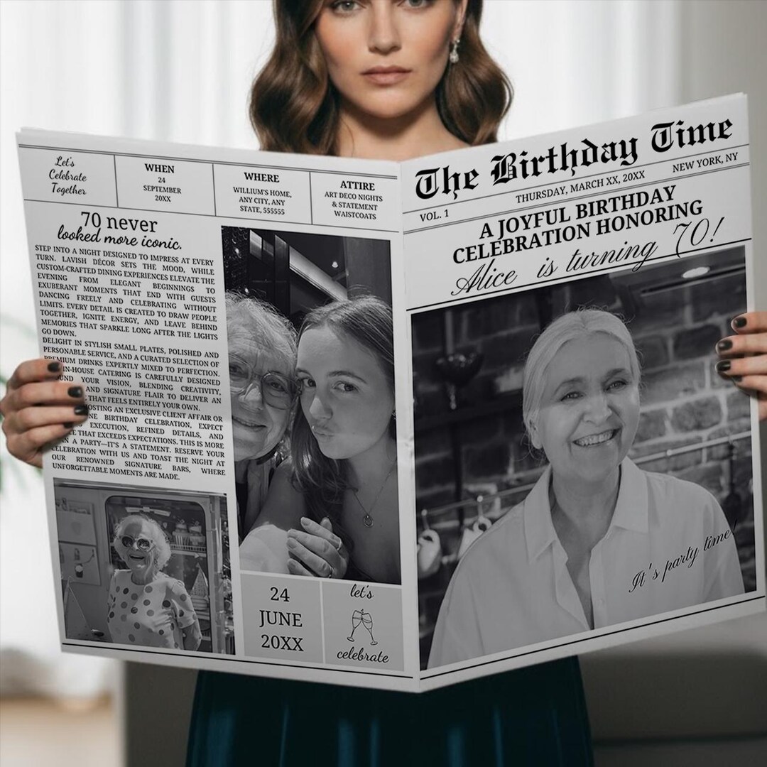 Large Birthday Newspaper Template, Milestone 70th Birthday Announcement ...