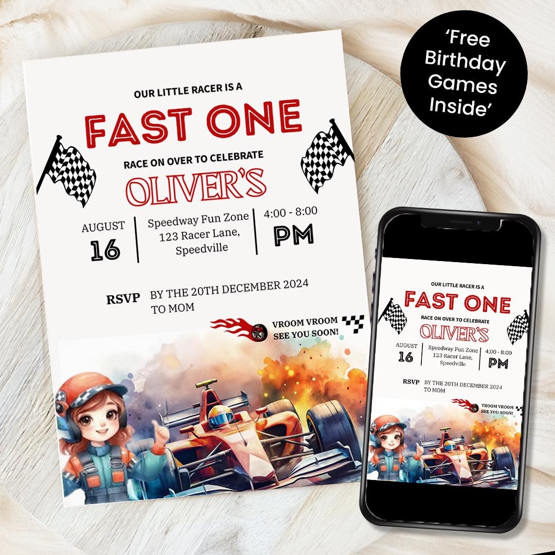 Fast One Birthday Invitation, Printable Race Car Birthday Invite ...