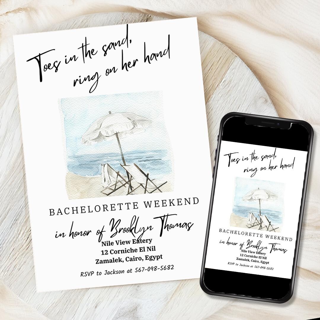 Beach Bachelorette Party Invitation, Toes in Sand, Ring on Her Hand ...