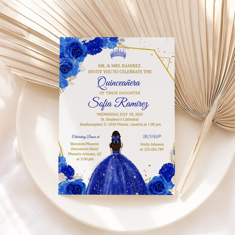 Quinceañera Invitation Royal Blue Silver, Editable Template, Princess ...