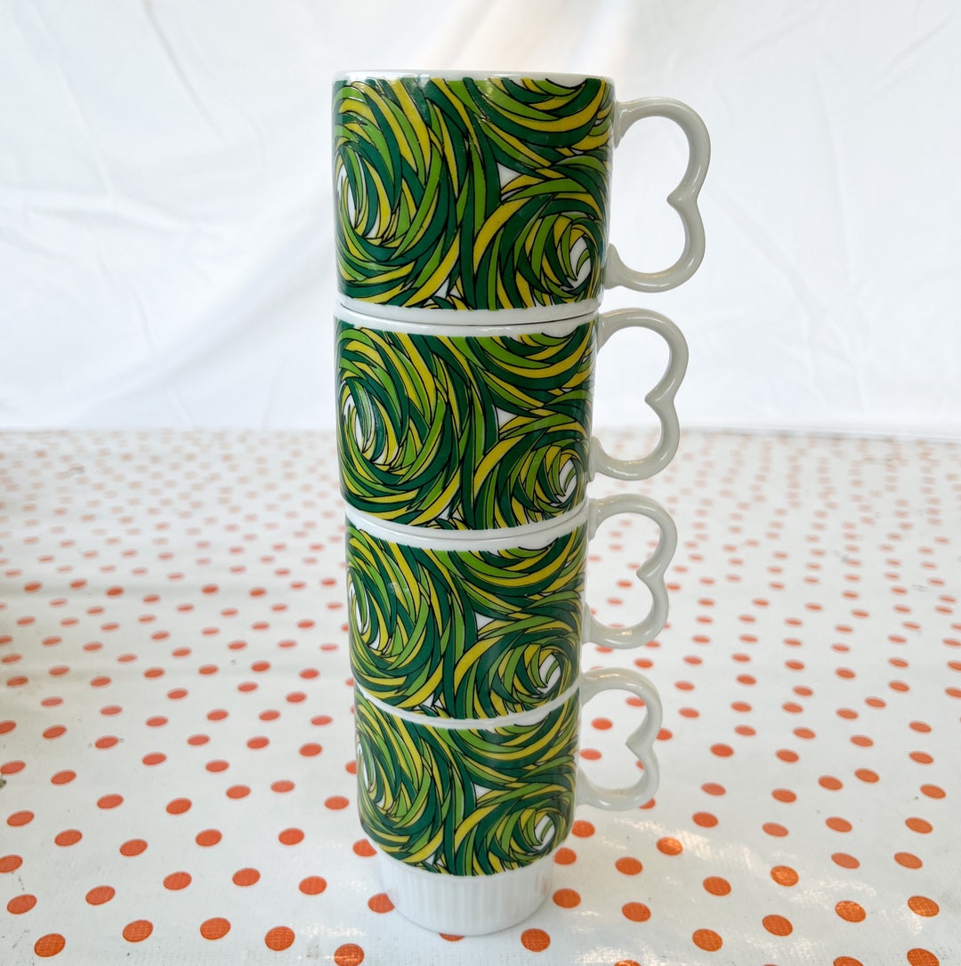 1970s Set of Four Green and Yellow Flower Swirl Pattern Groovy Retro Stacking Mugs With Heart ...