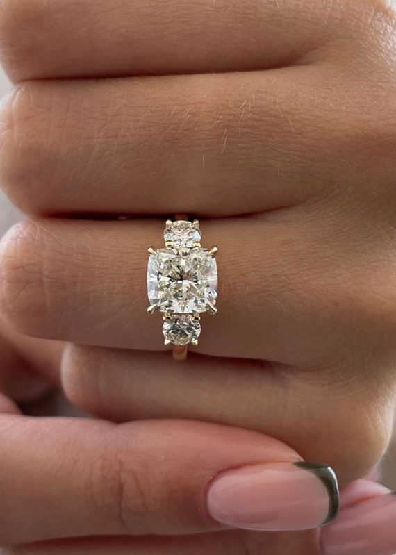 Cushion Cut Three Stone Moissanite Engagement Ring 14k Gold Etsy