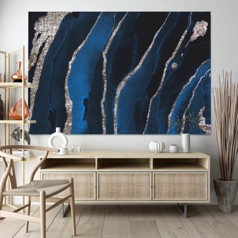 Navy Blue and Silver Wall Art, Navy Blue Wall Art, Navy Marble Art ...