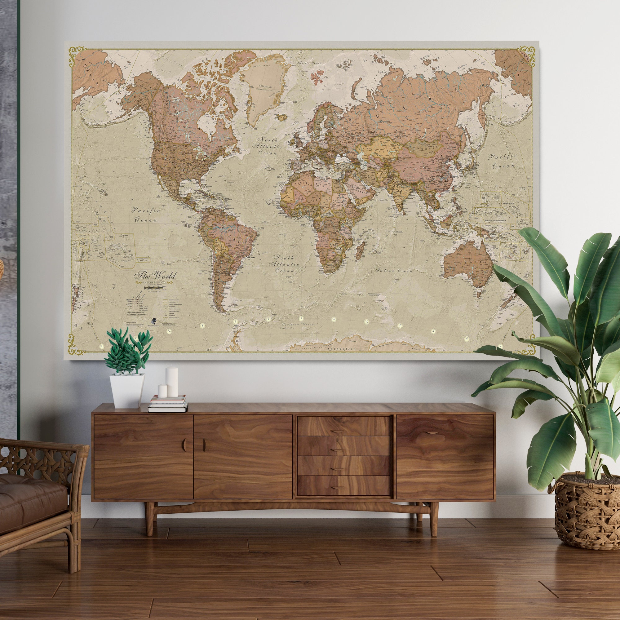 Antique Political Map Wall Art, Vintage World Map, Detailed World Map ...