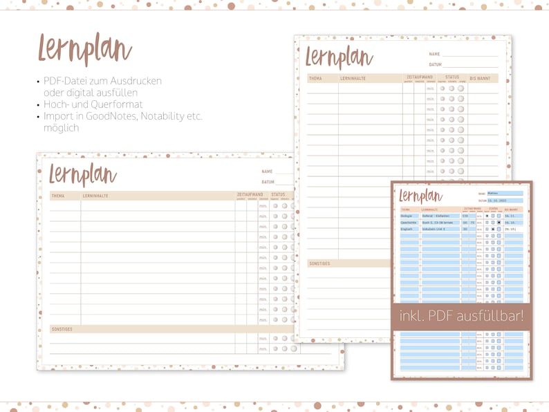 Lernplan Aufgabenplan PDF zum Ausdrucken, Ausfüllen Schulplaner deutsch ...