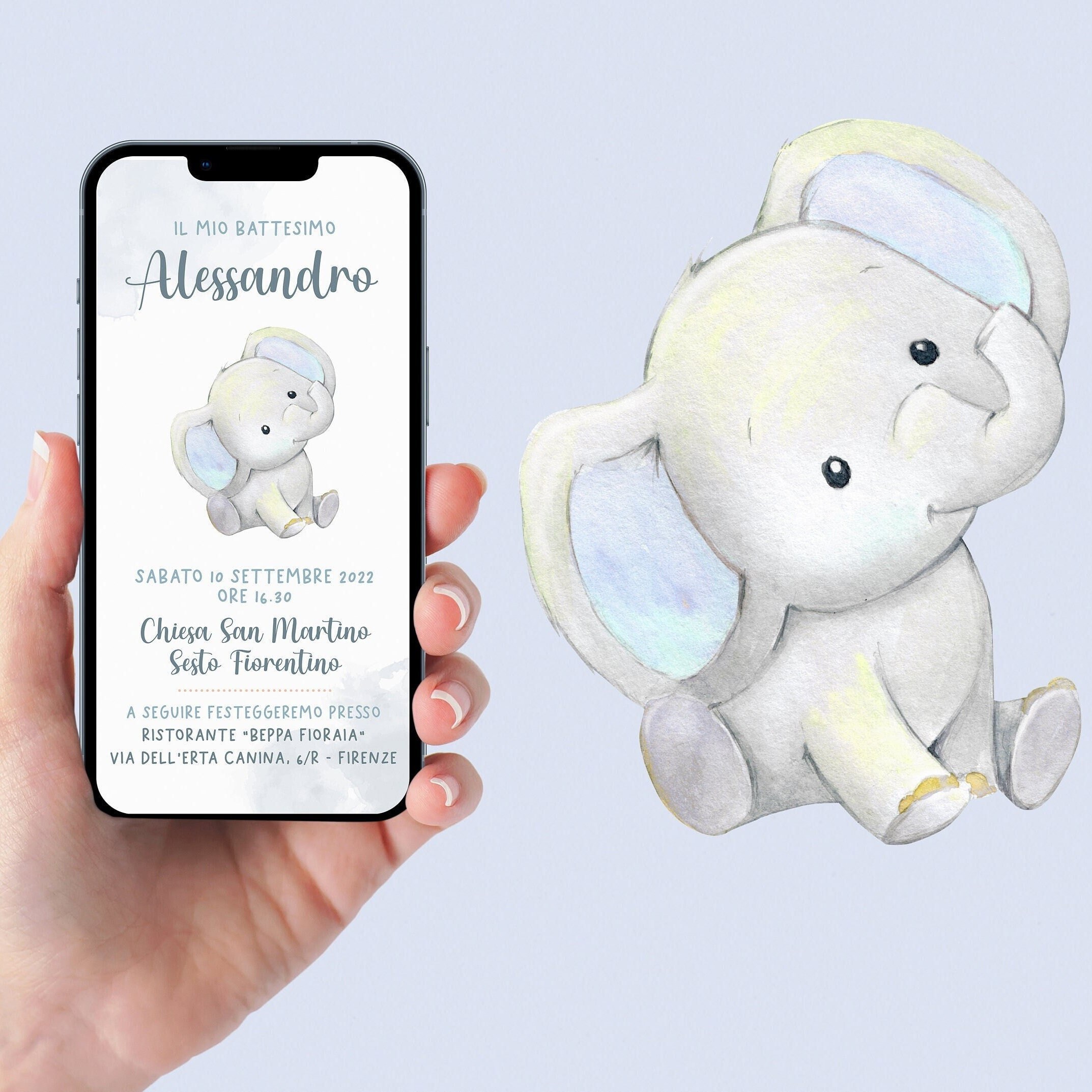 Invito WhatsApp per battesimo con elefantino, invito battesimo bambino ...