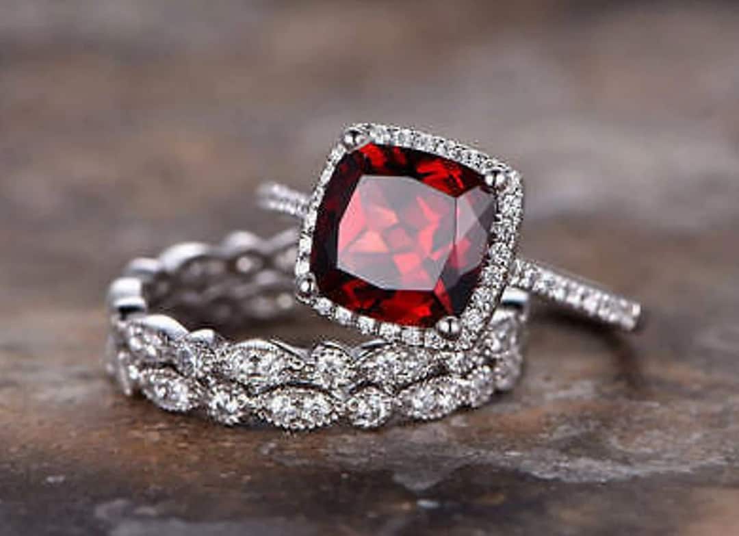 Gorgeous Trio Bridal Ring Set, 3.3ct Cushion Cut Ruby, Versailles Ruby ...