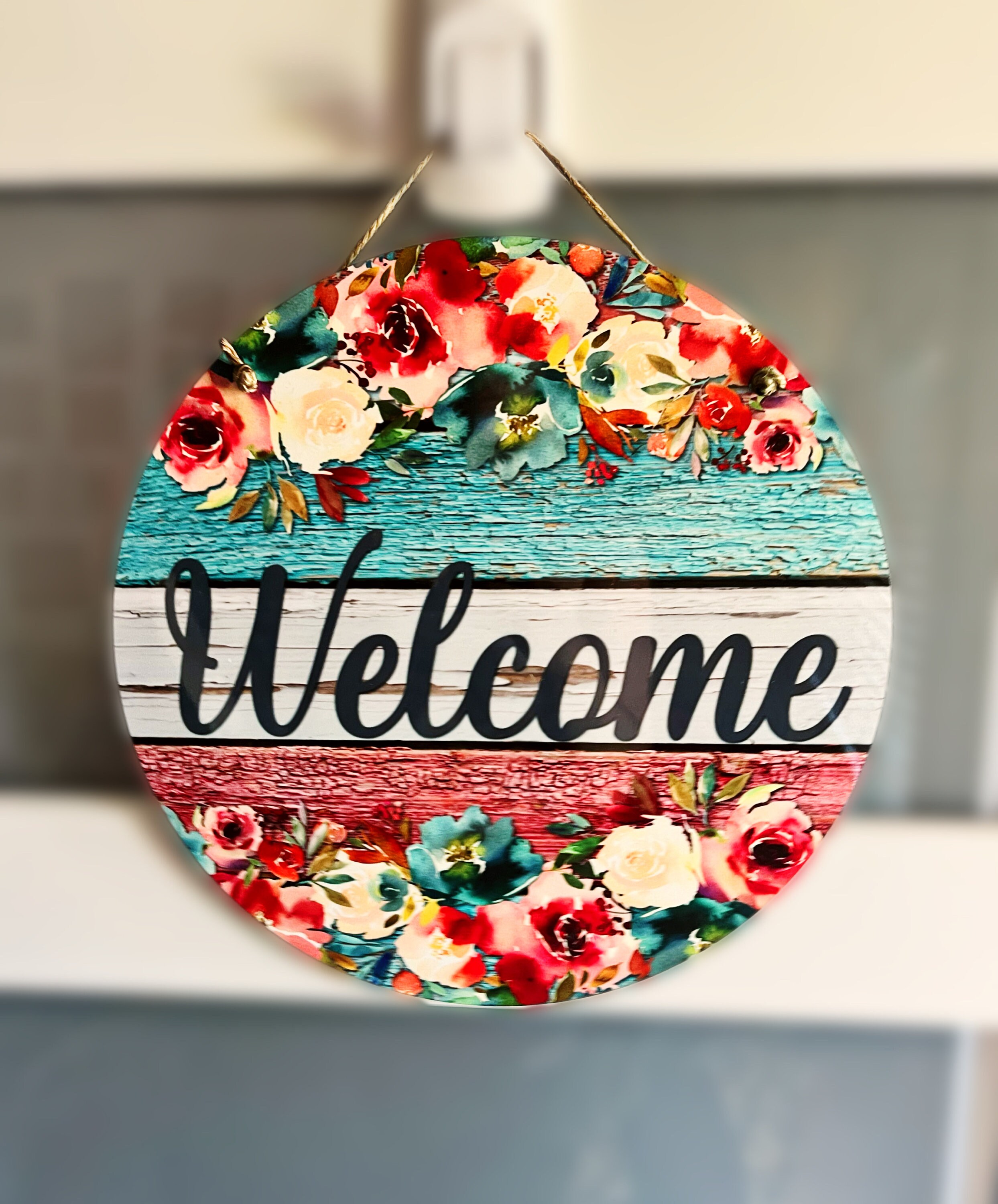 Distressed Wood Teal, Red, White 'welcome' Sign, Round Door Hanger, 12 ...