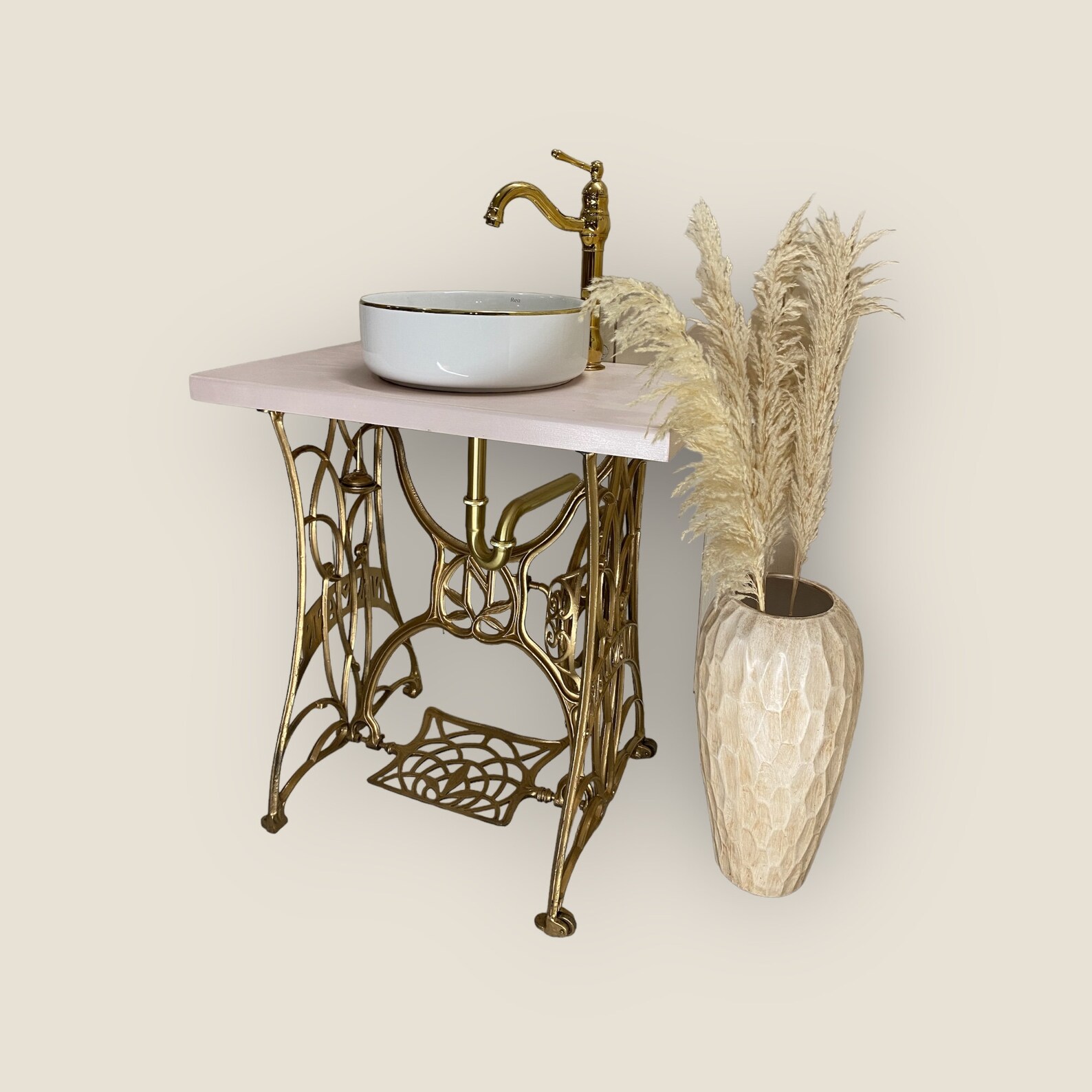 Meuble sous-vasque ancien en or et rose, magnifique ! Lavabo vintage ...