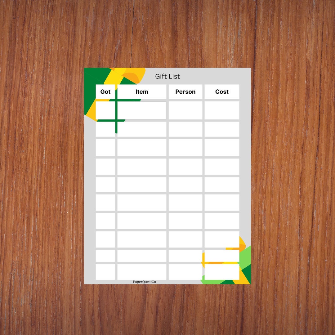Printable Gift List/presents List Digital Template - Etsy