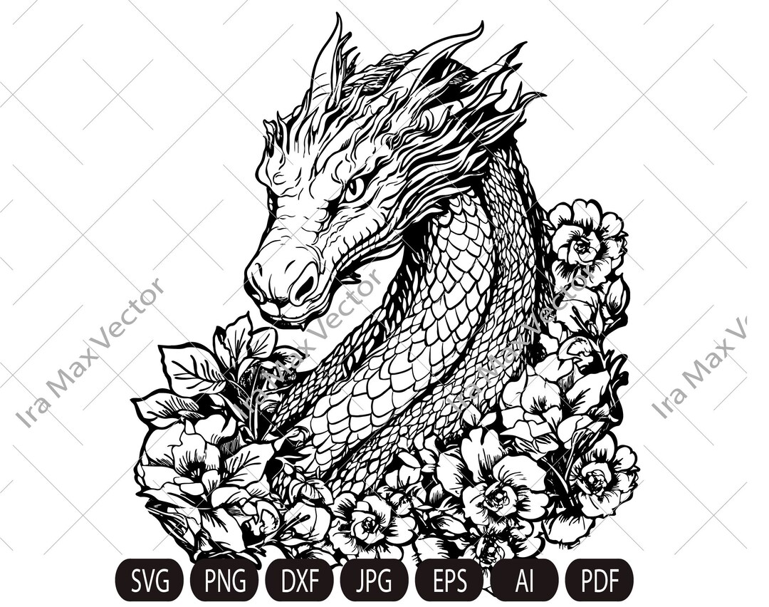 Dragon Svg, Dragon Detailed, Dragon Clipart, Dragon in Flowers, Chinese ...
