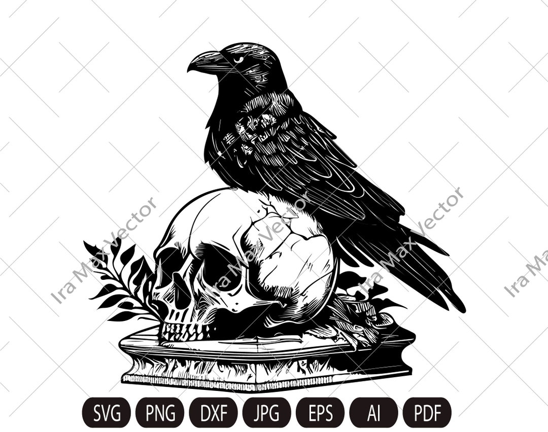 Raven on Skull SVG ,skull Death, Black Crow Head Bone, Vintage Design ...