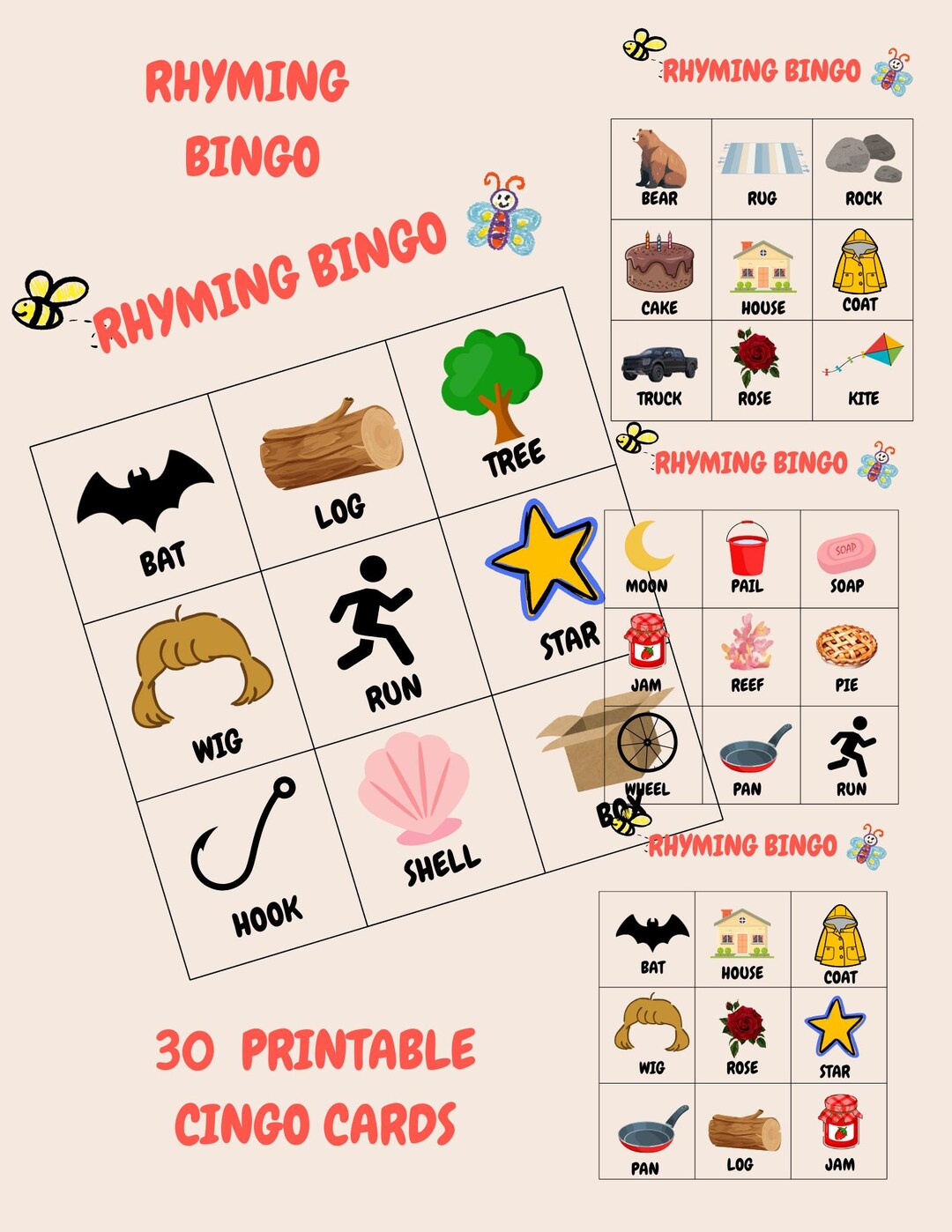 Rhyming Bingo Game: Printable Kids Literacy Activity (PDF Download ...