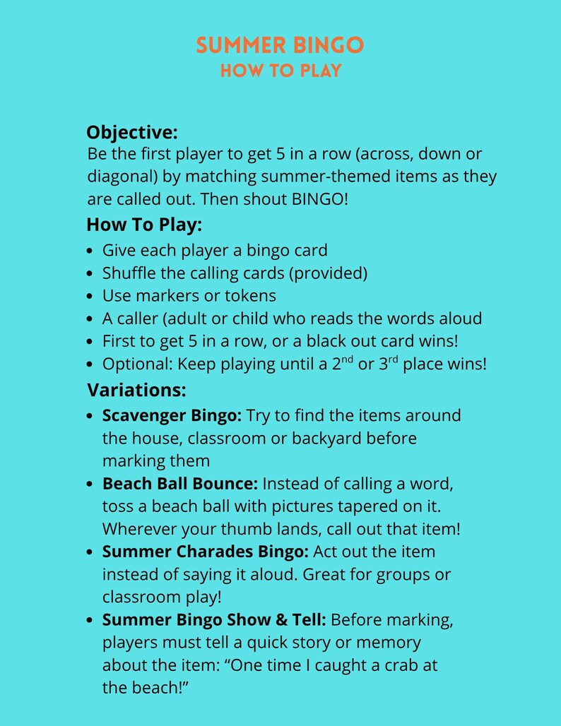 Printable Summer Bingo Game for Kids - 30 Bingo Cards + Calling Sheet ...