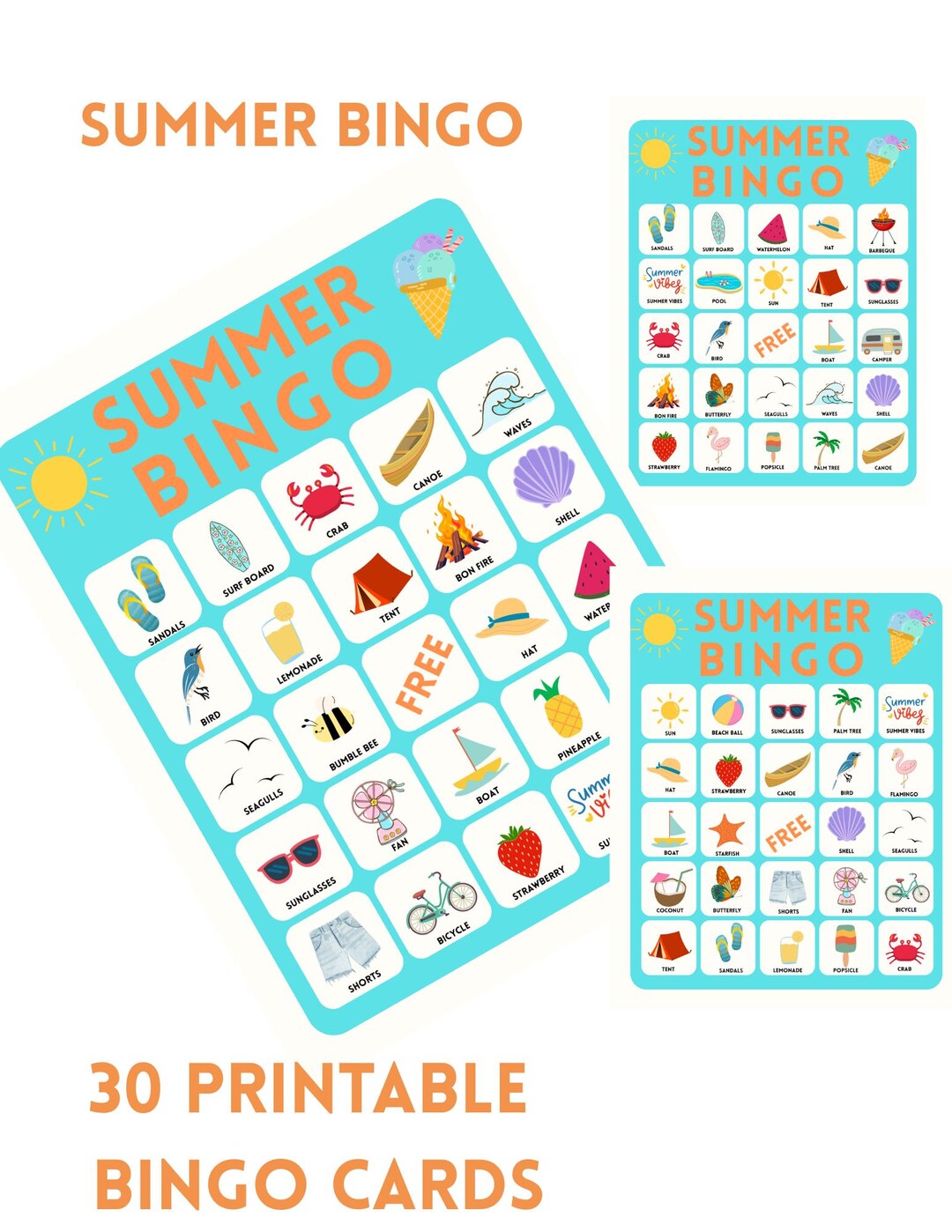 Printable Summer Bingo Game for Kids - 30 Bingo Cards + Calling Sheet ...