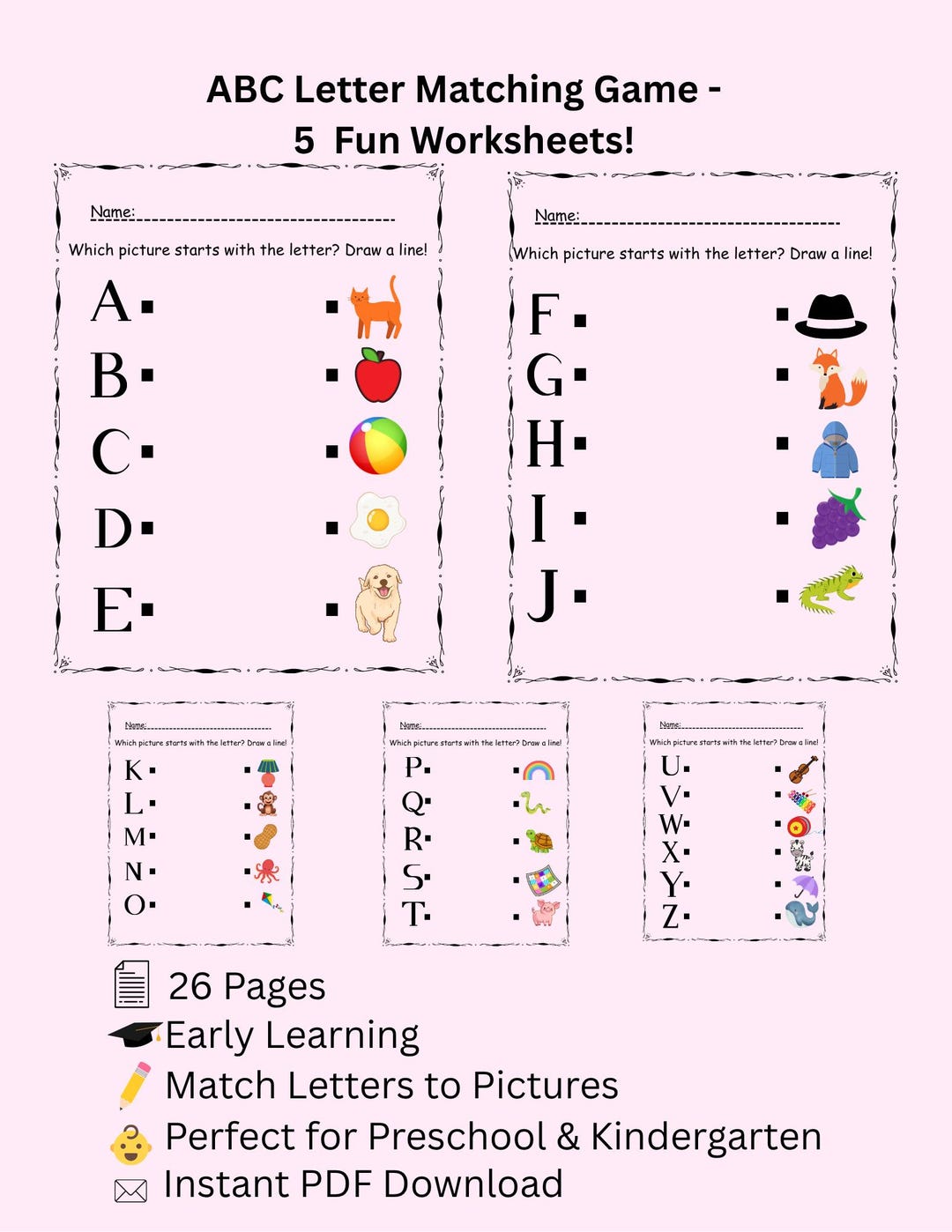 Alphabet Letter Matching Worksheets: A-Z Printable Learning Game (PDF ...