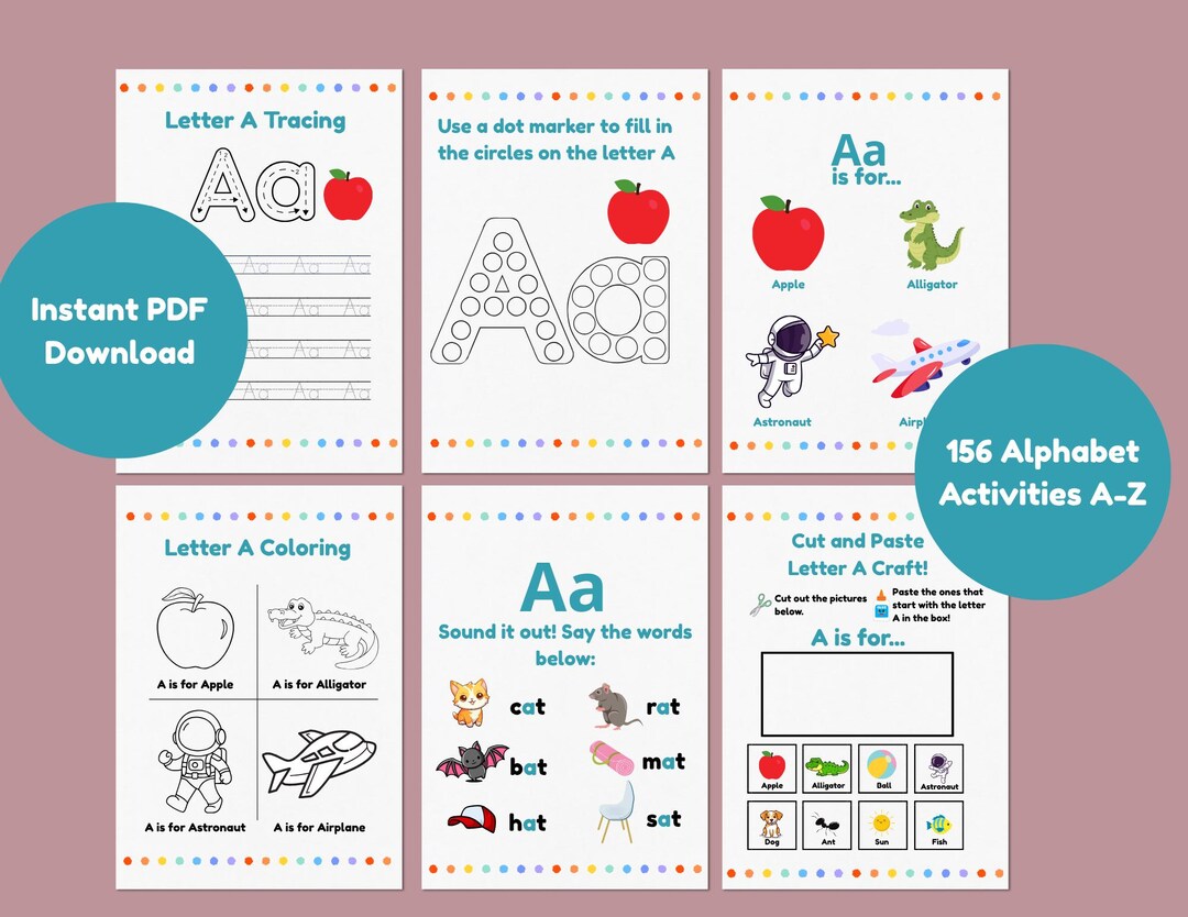 156 Page Alphabet Activity Book A-Z, Educational Printable, Letter ...