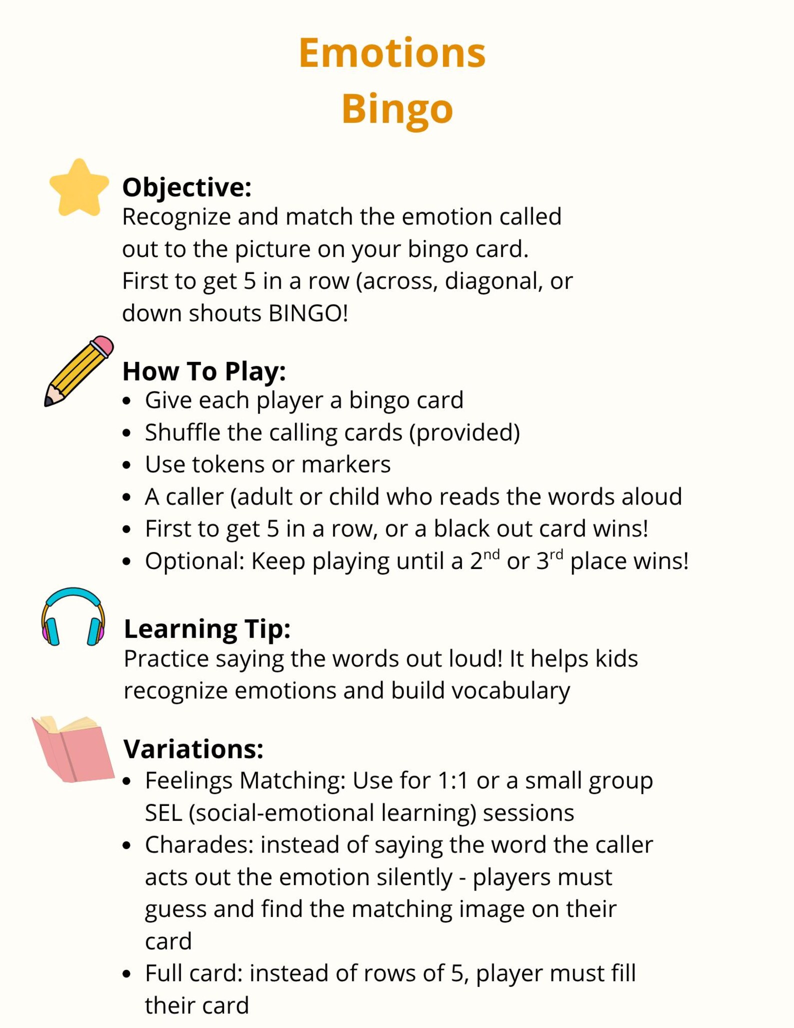 Emotions Bingo: Printable Feelings Game for Kids (PDF Download) - Etsy