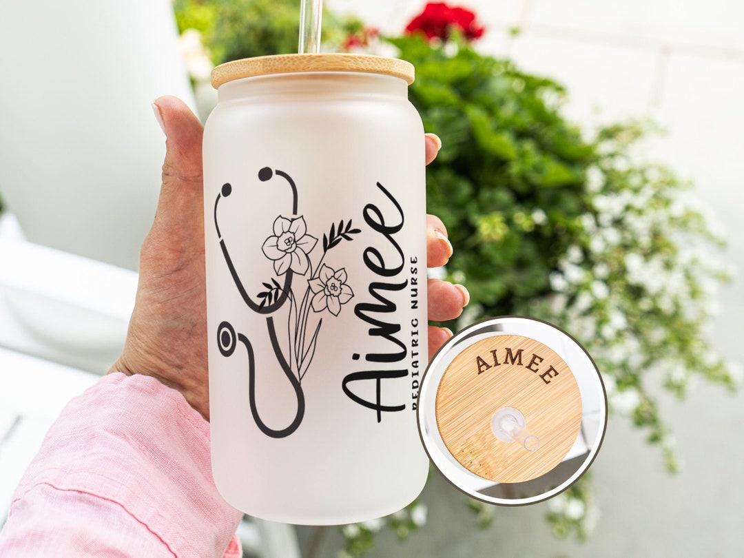 Custom Nurse Glass Coffee Cup With Lid and Straw, Personalized Nurse ...