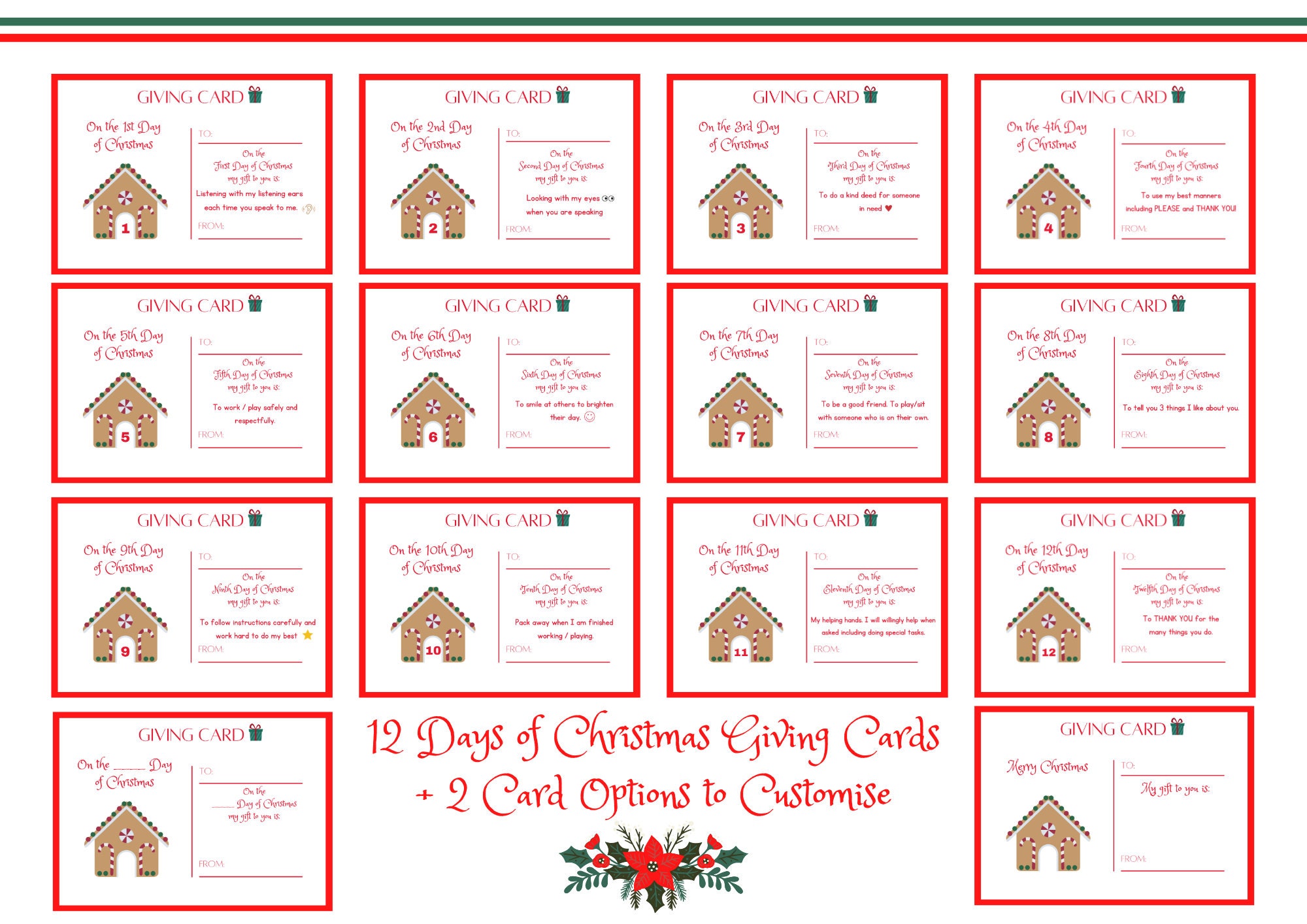 Printable 12 Days of Christmas Teacher Thank You Giving Card, School ...
