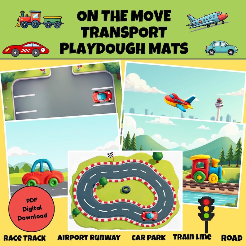 Transport Playdough Mats Printable | Road, Car Park, Train, Runway ...