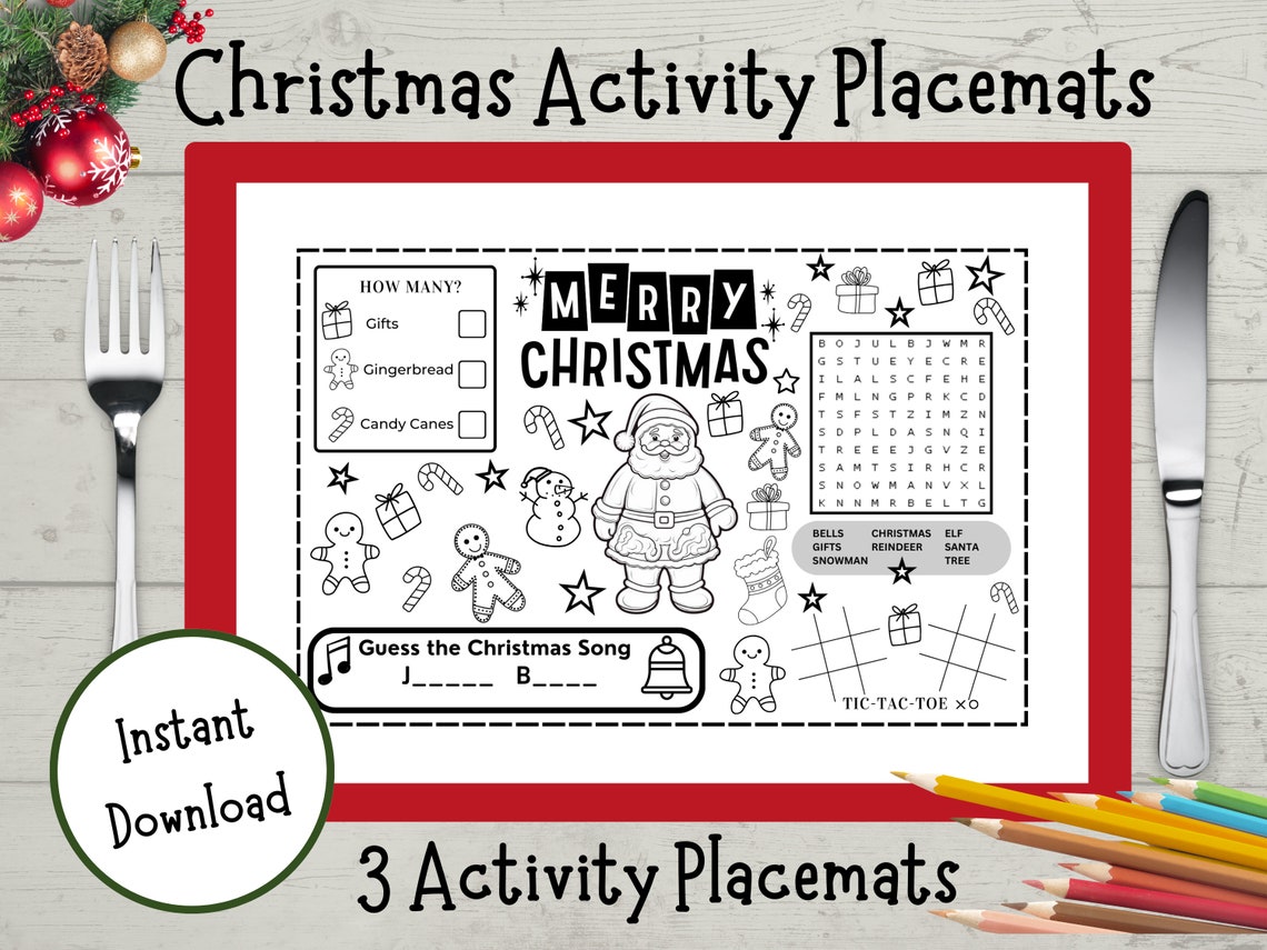 Kids Christmas Activity Placemats: Printable Coloring Pages (digital ...