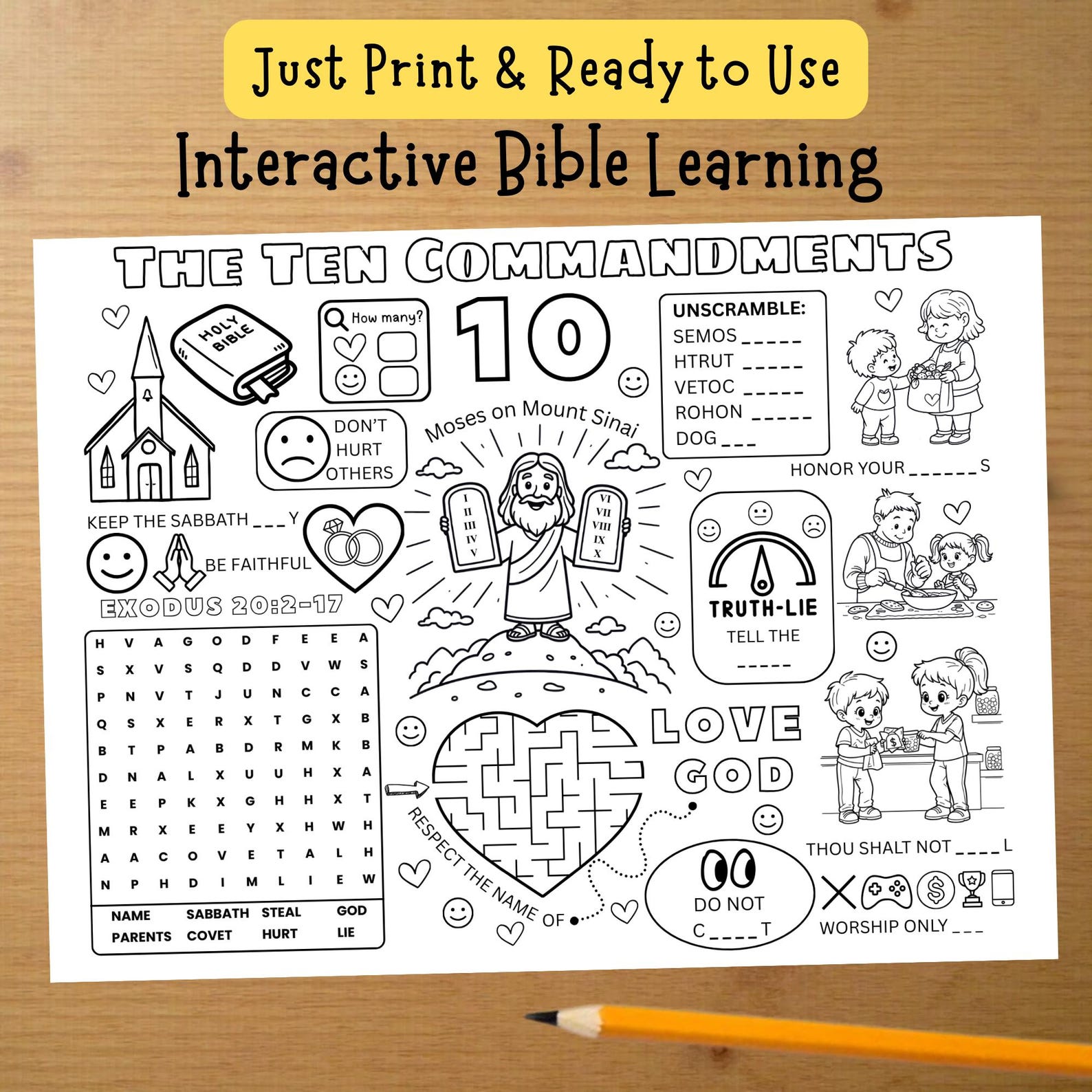 Ten Commandments Activity Sheet: Bible Coloring & Puzzle (PDF) - Etsy