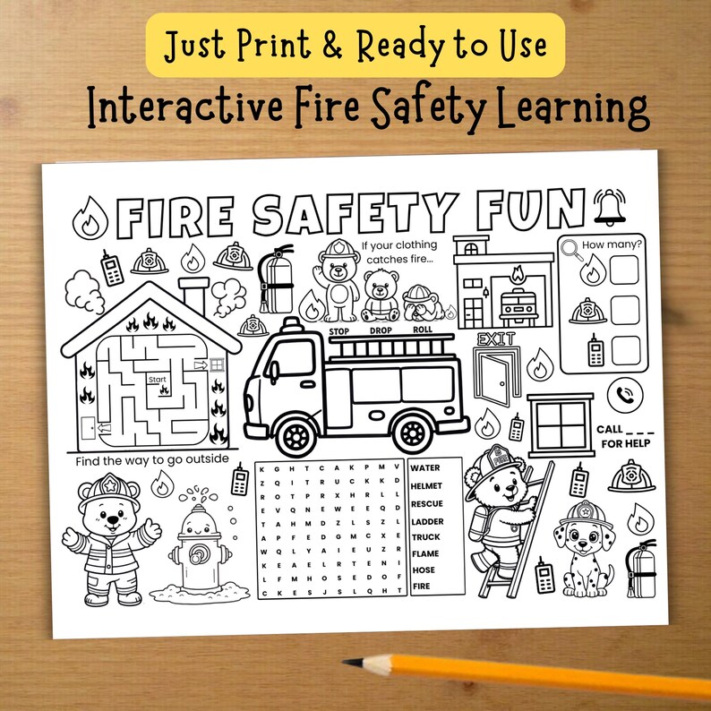 Fire Safety Activity Page: Maze, Word Search & Coloring (PDF) - Etsy