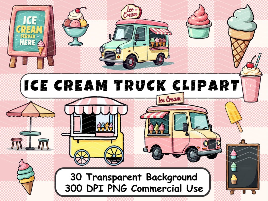Pastel Ice Cream Truck Clipart: Summer Dessert Graphics (PNG, 300 DPI ...