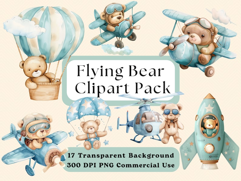 Pastel Blue Flying Bear Clipart: Nursery Decor (commercial Use) - Etsy