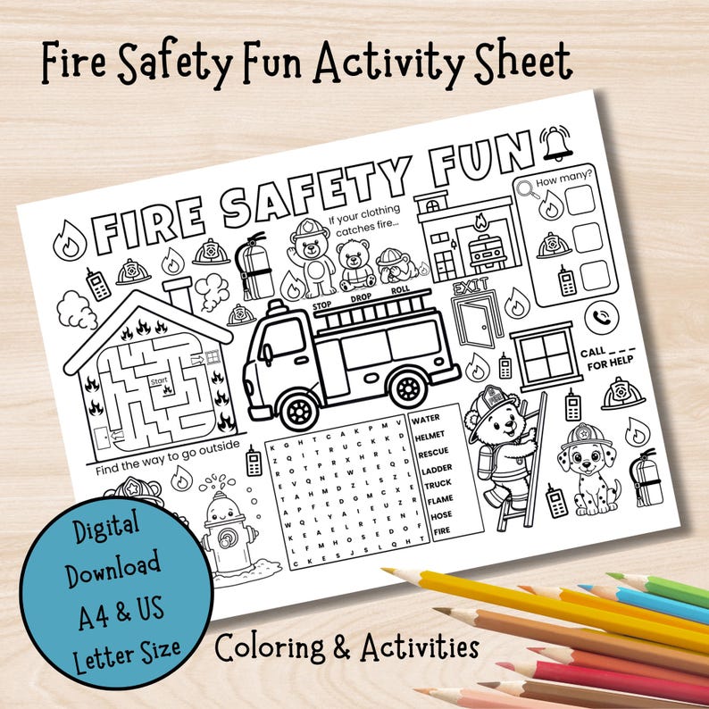 Fire Safety Activity Page: Maze, Word Search & Coloring (PDF) - Etsy