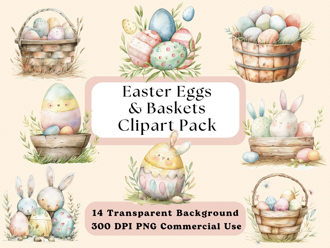 Easter Baskets and Easter Eggs Clipart Pack, Easter Clipart, Spring ...