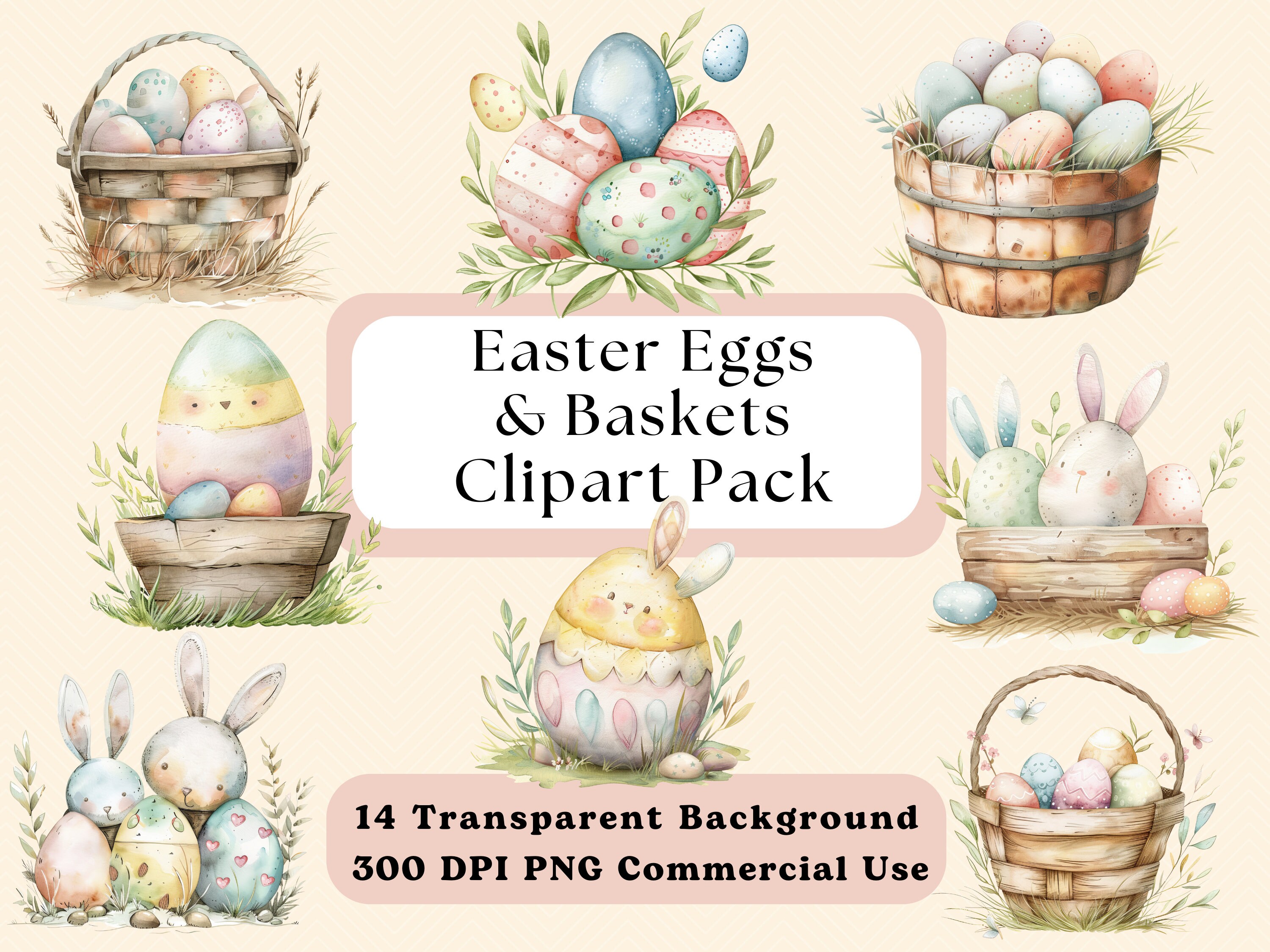 Easter Baskets and Easter Eggs Clipart Pack, Easter Clipart, Spring ...