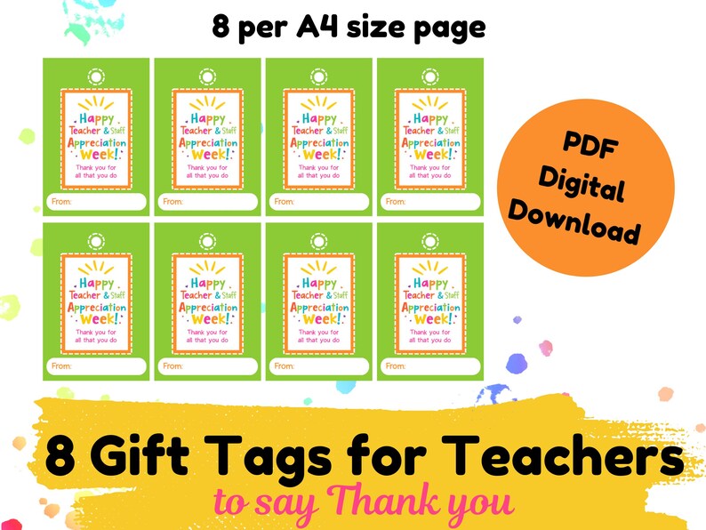 Teacher Appreciation Gift Tags: Colorful Thank You Notes (digital ...
