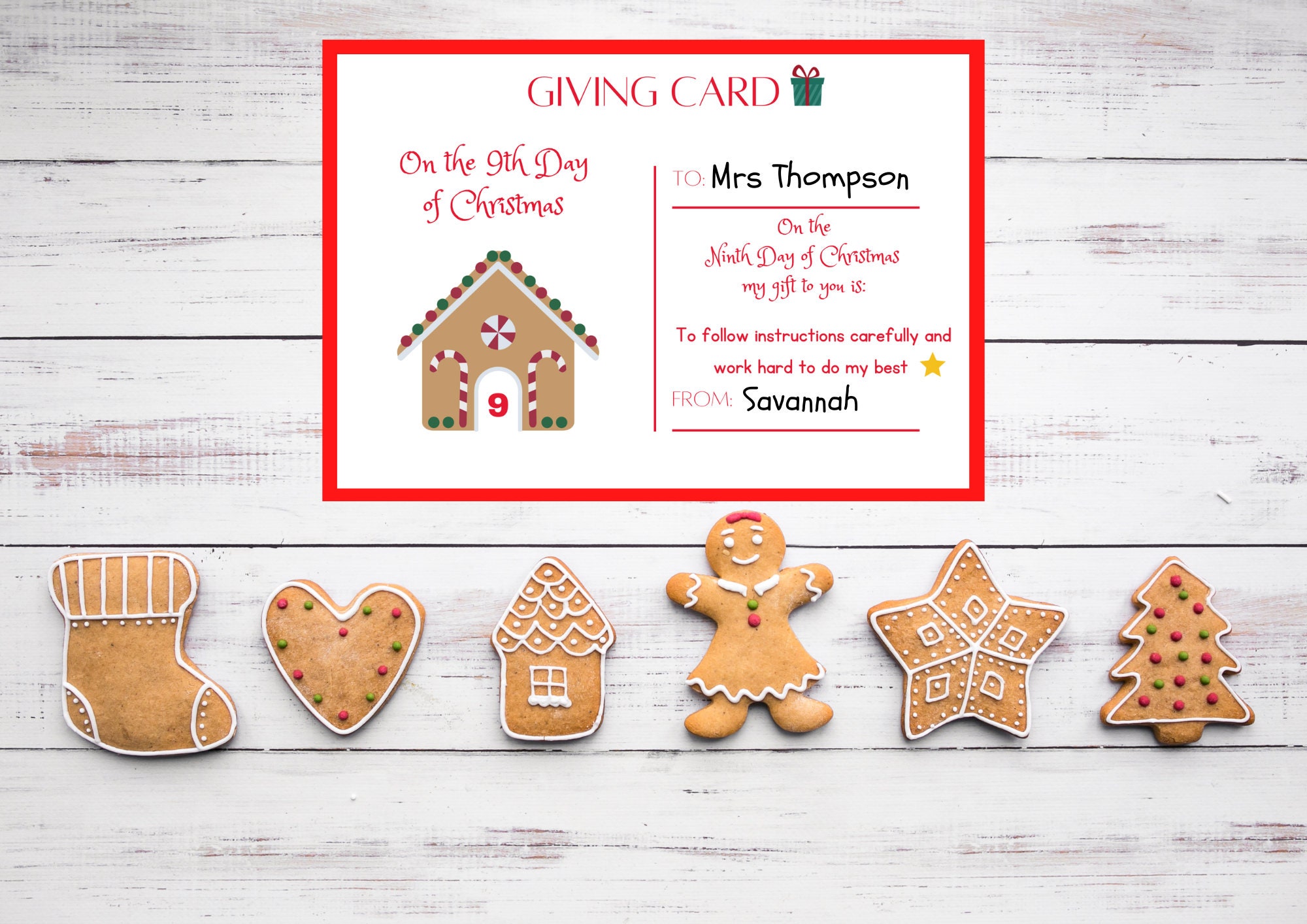 Printable 12 Days of Christmas Teacher Thank You Giving Card, School ...