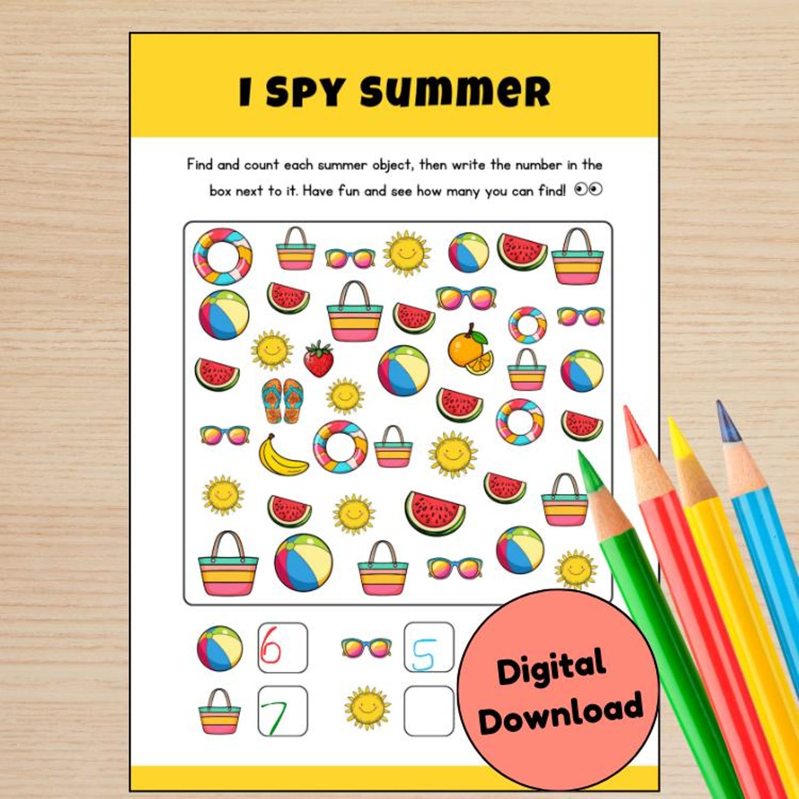 Summer I Spy Printable Worksheets for Kids | 2 Fun Eye Spy Counting ...