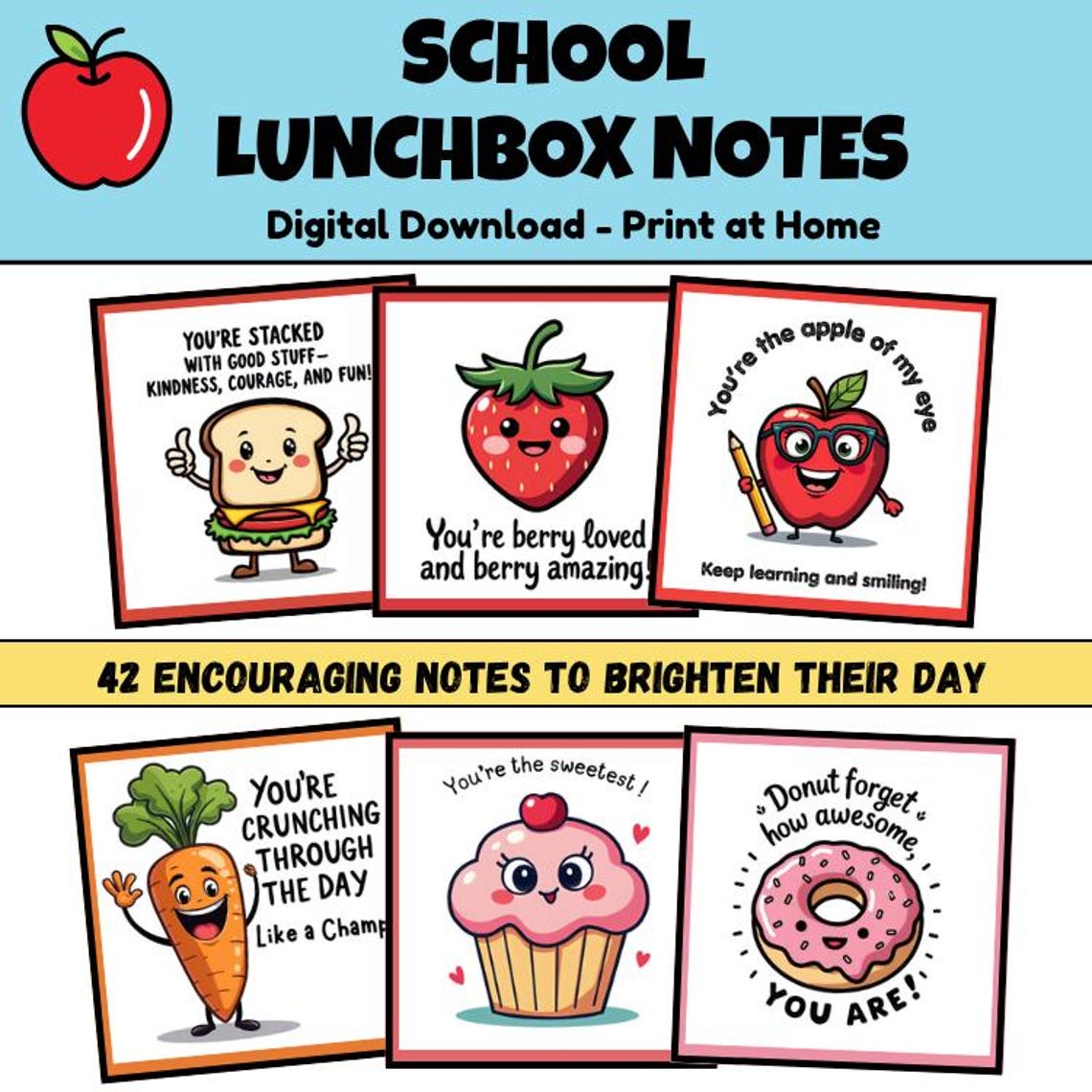 Kids Lunchbox Notes: 42 Printable Encouragement Cards (PDF Download) - Etsy