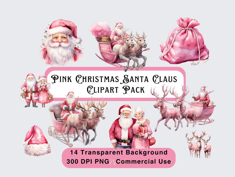 Pink Christmas Santa Claus Clipart Pack, Santa Sleigh, Santa and Mrs ...